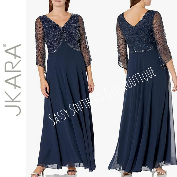 J Kara | Dresses | J Kara Navy Silver Beaded Maxi Formal Dress | Poshmark